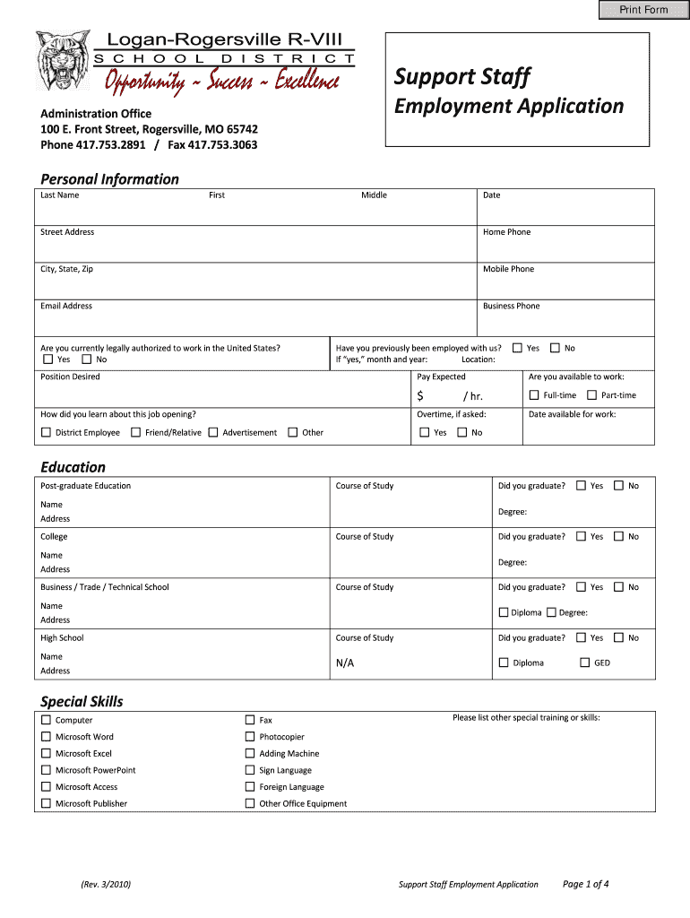 Fillable Online Support Staff Application - Logan Rogersville Schools Fax Email Print - pdfFiller