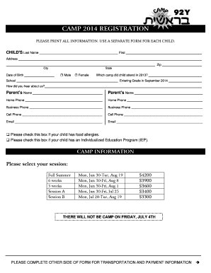 Fillable Online 92y CAMP 2014 REGISTRATION - 92nd Street Y Fax Email ...