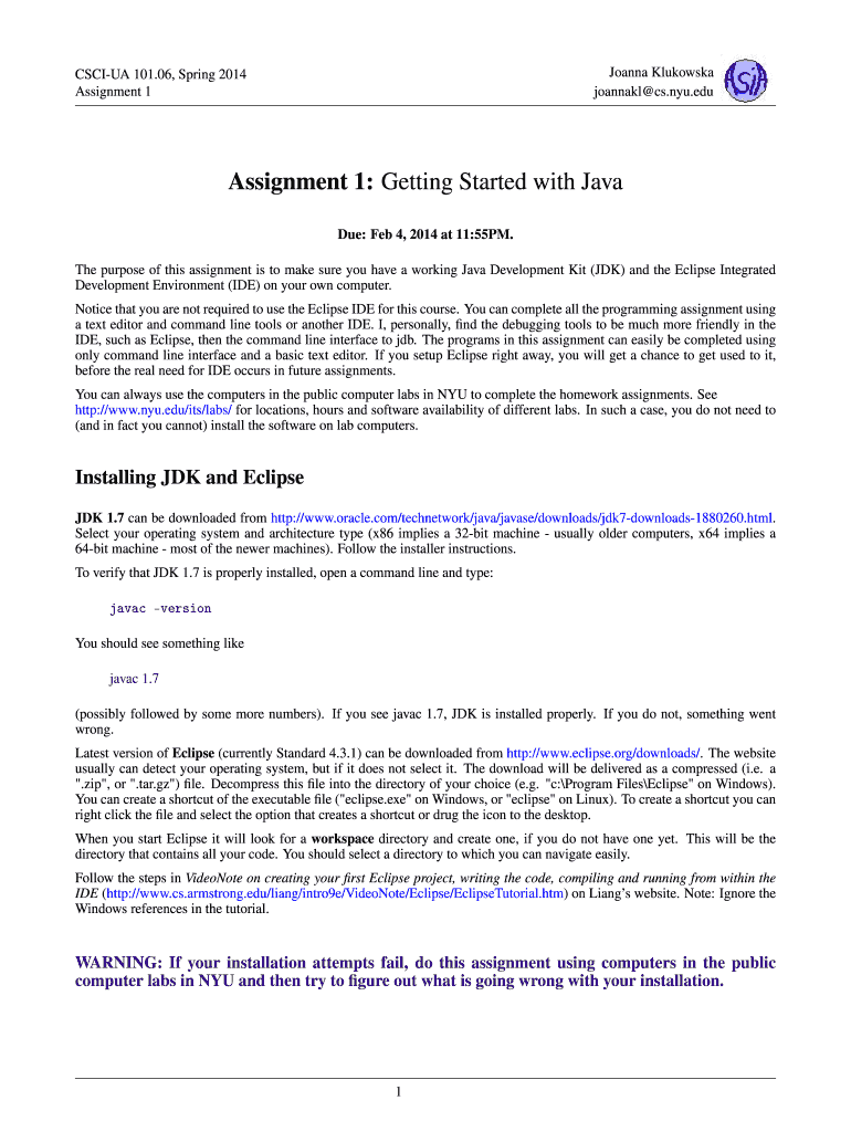Fillable Online cs nyu Assignment 1 Getting Started with Java Fax Email ...