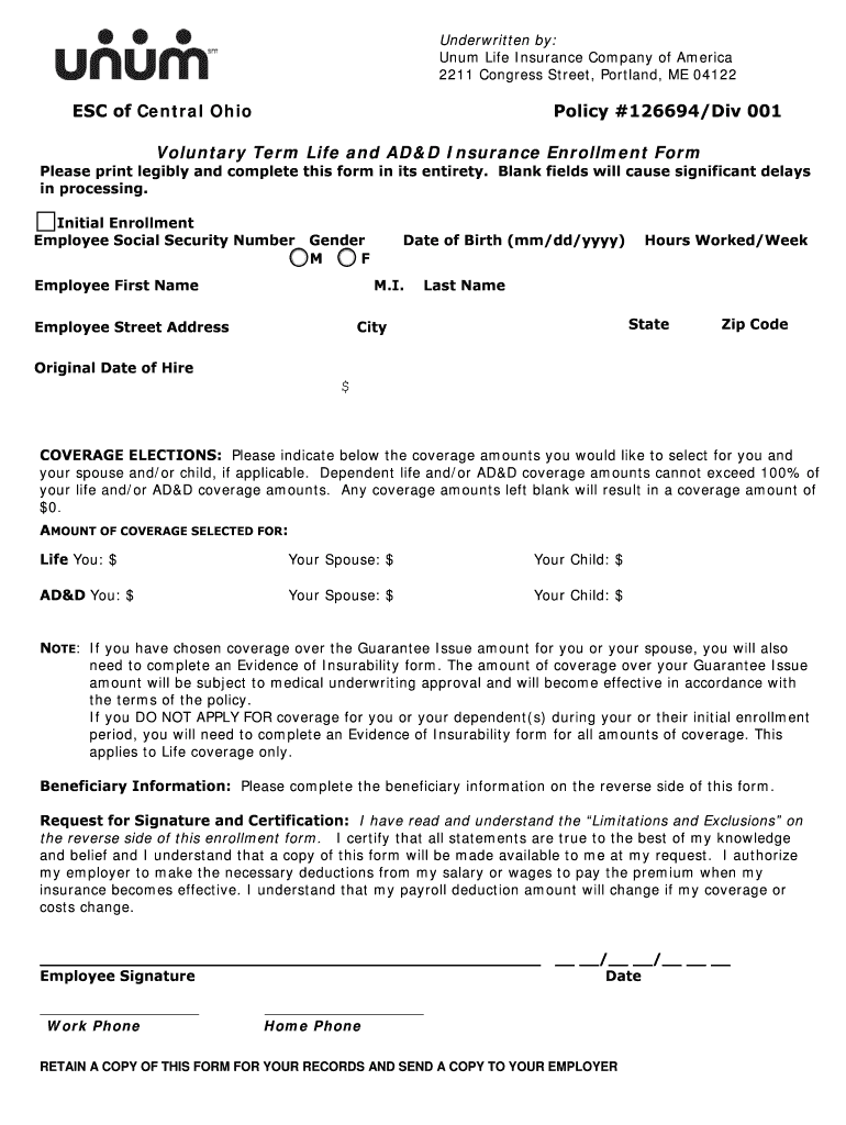 Fillable Online escofcentralohio Voluntary Life Enrollment Form Fax Email Print - pdfFiller