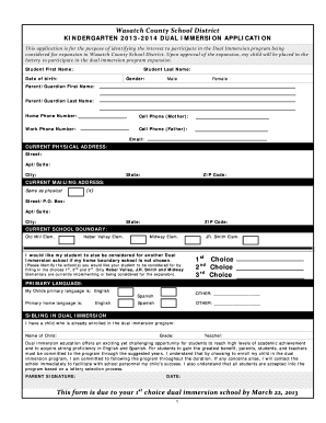 Fillable Online wasatch 2013-2014 Kindergarten ENGLISH dual immersion ...