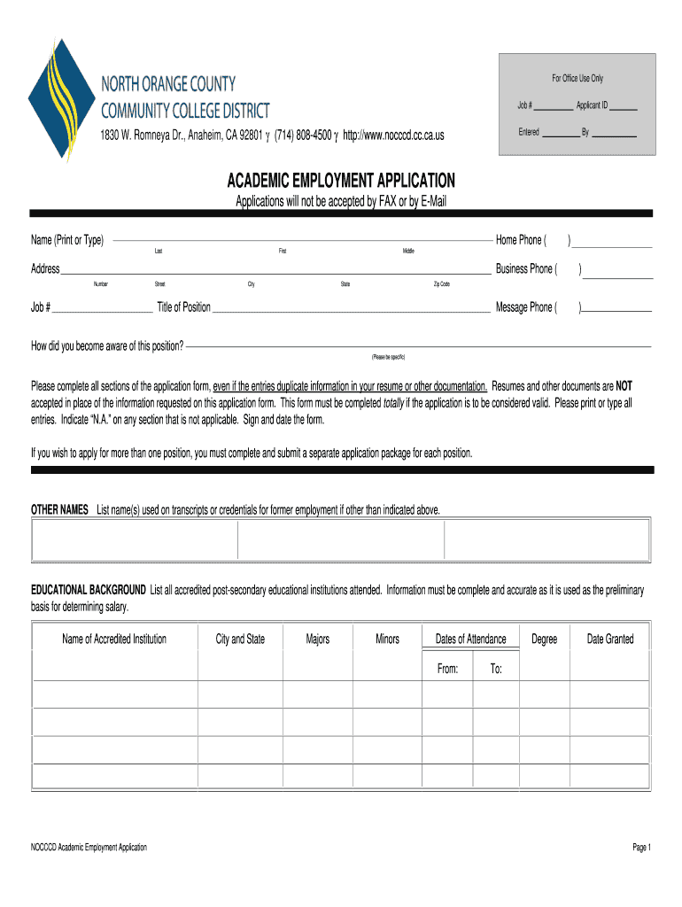 Fillable Online nocccd ACADEMIC EMPLOYMENT APPLICATION - North Orange ...