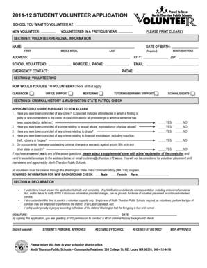 Fillable Online 2011-12 STUDENT VOLUNTEER APPLICATION SCHOOL YOU WANT TO VOLUNTEER AT: NEW ...