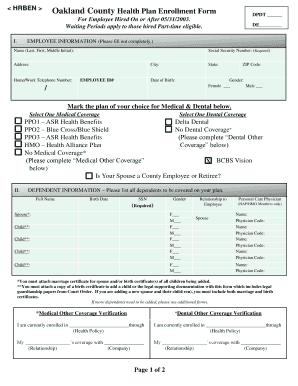 Fillable Online Oakland County Health Plan Enrollment Form Fax Email Print - pdfFiller