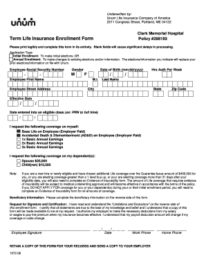 Fillable Online Term Life Insurance Enrollment Form - - / / / / - Clark ...