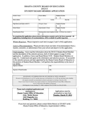 Fillable Online shastacoe STUDENT BOARD MEMBER APPLICATION Fax Email ...