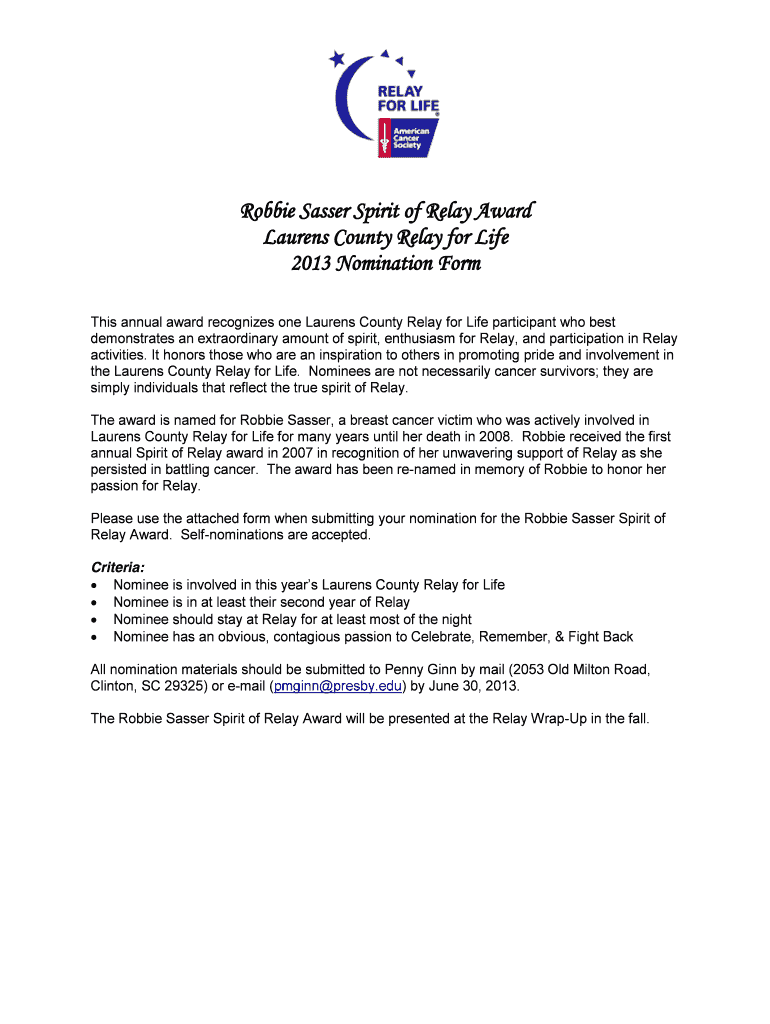 Fillable Online relay acsevents Department of Student Life Nomination Form - Relay For Life ...