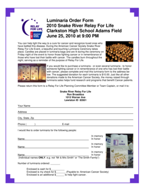 Fillable Online relay acsevents Luminaria Order Form 2010 Snake River ...
