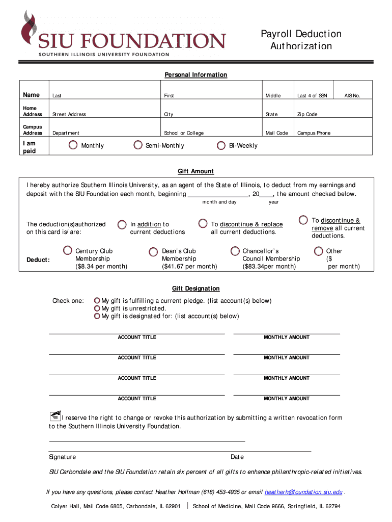 Fillable Online Payroll Deduction Authorization - SIU Foundation Fax ...