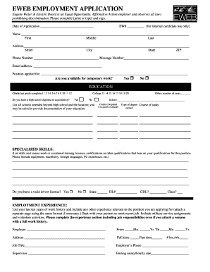 Fillable Online eweb EWEB EMPLOYMENT APPLICATION - Eugene Water ...