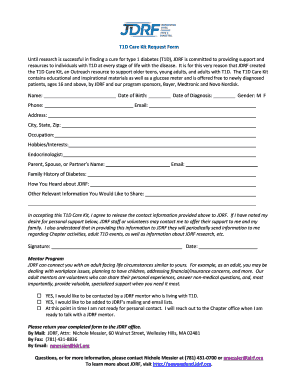 Fillable Online newengland jdrf T1D Care Kit Request Form Name - New ...