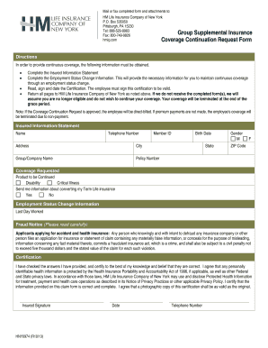 Fillable Online Coverage Continuation Request - HM Insurance Group Fax ...