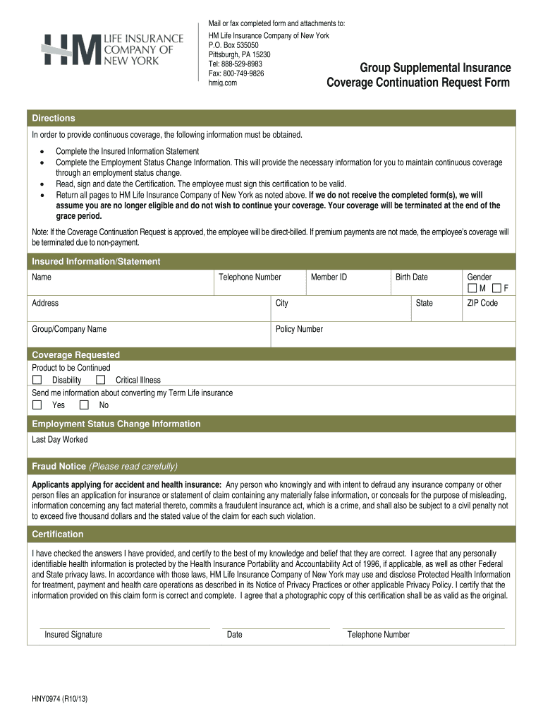 Fillable Online Coverage Continuation Request - HM Insurance Group Fax ...