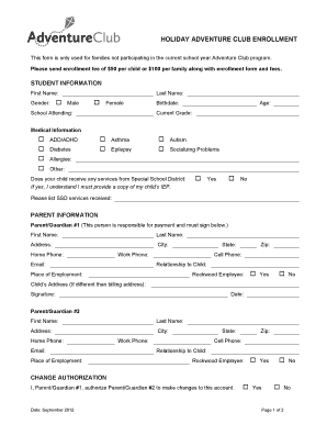 Fillable Online Holiday Adventure Club Enrollment Form - Rockwood ...
