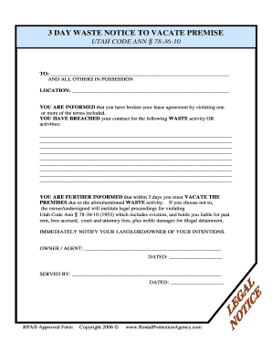 Fillable Online 3 day waste notice to vacate premise - Rental ...