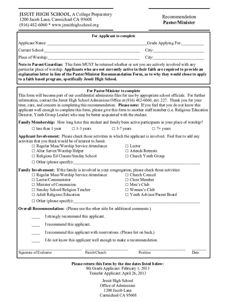 Fillable Online Recommendation Pastor/Minister - Jesuit High School Fax Email Print - pdfFiller