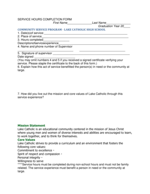 Fillable Online lakecatholic SERVICE HOURS COMPLETION FORM First ...