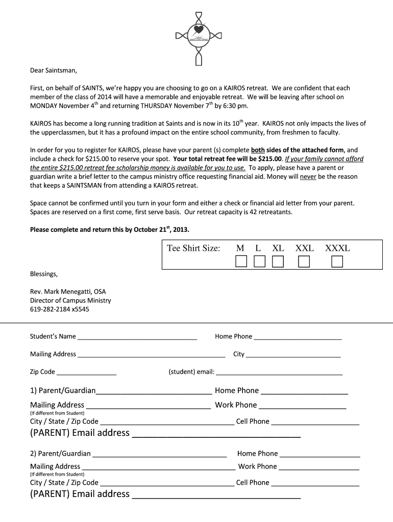 Fillable Online sahs Kairos-Retreatant-Pe.. - Saint Augustine High School Fax Email Print ...