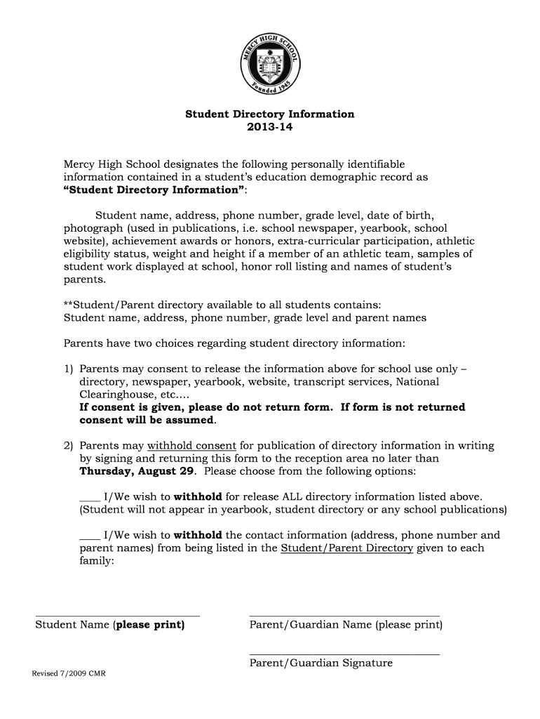 Fillable Online mhsmi Student Directory Information 2013-14 Mercy High School ... Fax Email ...