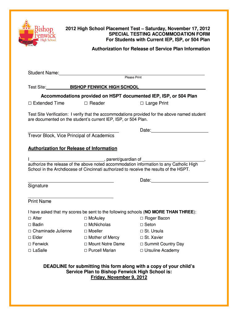 Fillable Online 2012 High School Placement Test Saturday, November 17 ...