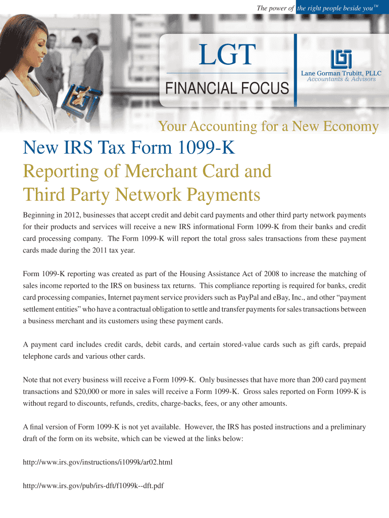 Fillable Online New IRS Tax Form 1099-K Reporting of Merchant Card and ...
