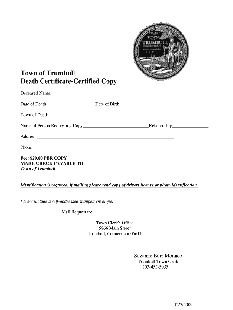 Fillable Online trumbull-ct Death Certificate Copy Request Form here ...