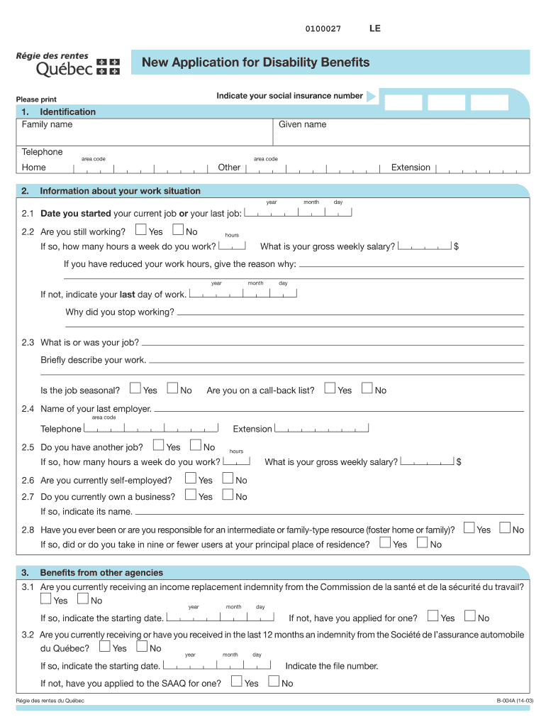 Fillable Online New Application for a Disability Benefits - R gie des ...