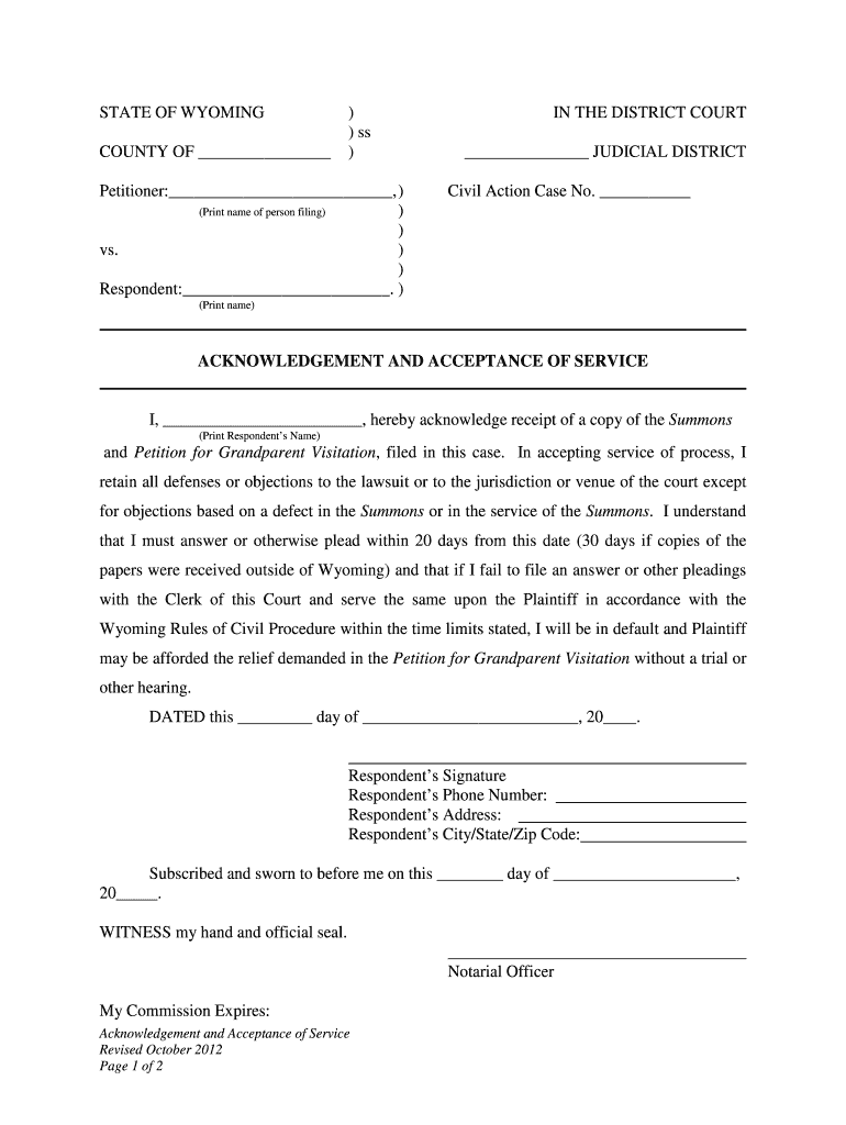 Fillable Online lawyoming Acknowledgement and Acceptance of Service Fax ...