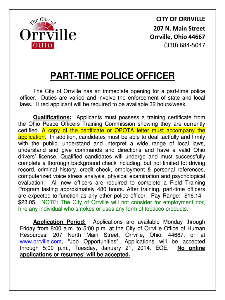 Fillable Online Police Officer PT 01.14.pdf - City of Orrville Fax ...