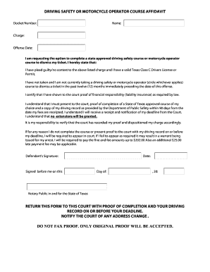 Fillable Online DRIVING SAFETY OR MOTORCYCLE OPERATOR COURSE AFFIDAVIT ...