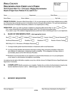 Fillable Online PIMA COUNTY DISCRIMINATION GRIEVANCE FORM Fax Email ...