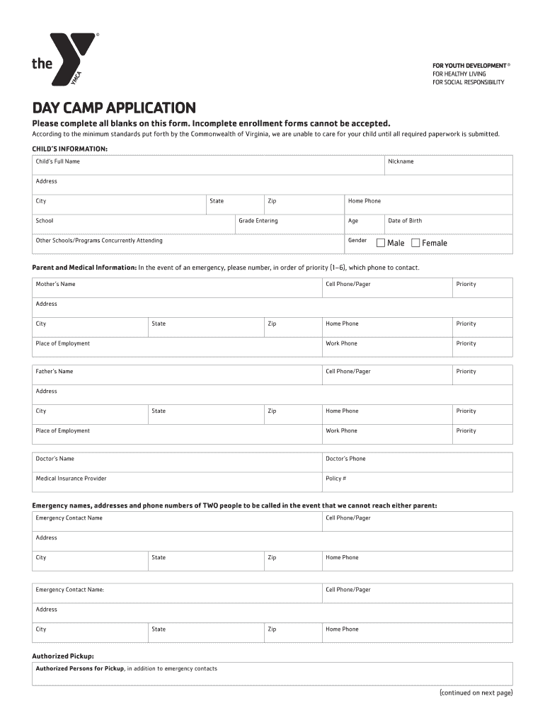 Fillable Online DAY CAMP APPLICATION Fax Email Print - pdfFiller