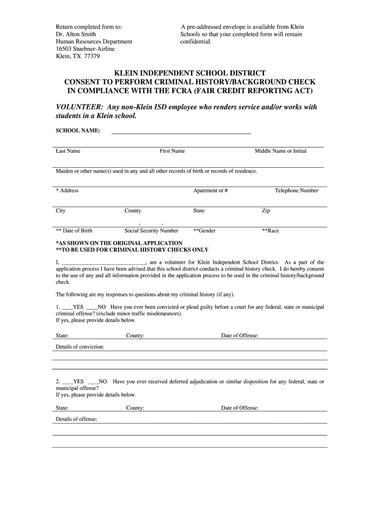 Fillable Online kleinisd Klein independent school district consent to perform criminal history ...