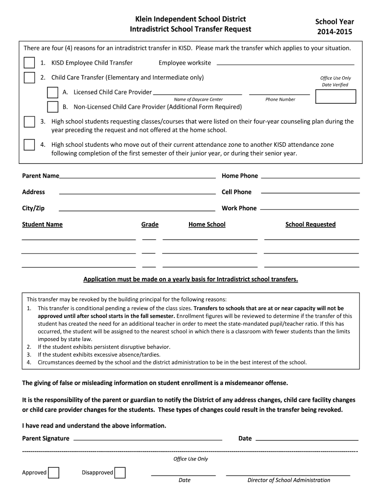 Fillable Online kleinisd Intradistrict School Transfer Request - Klein ...