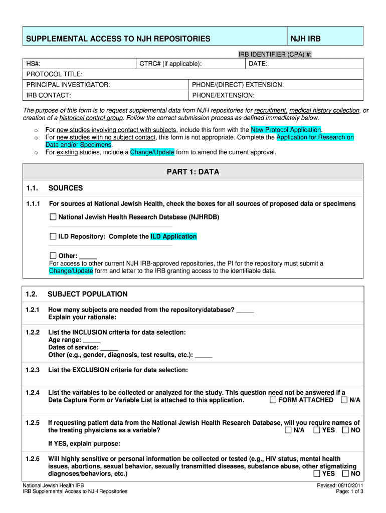 Fillable Online nationaljewish Supplemental Access to NJH Repositories form - National Jewish ...