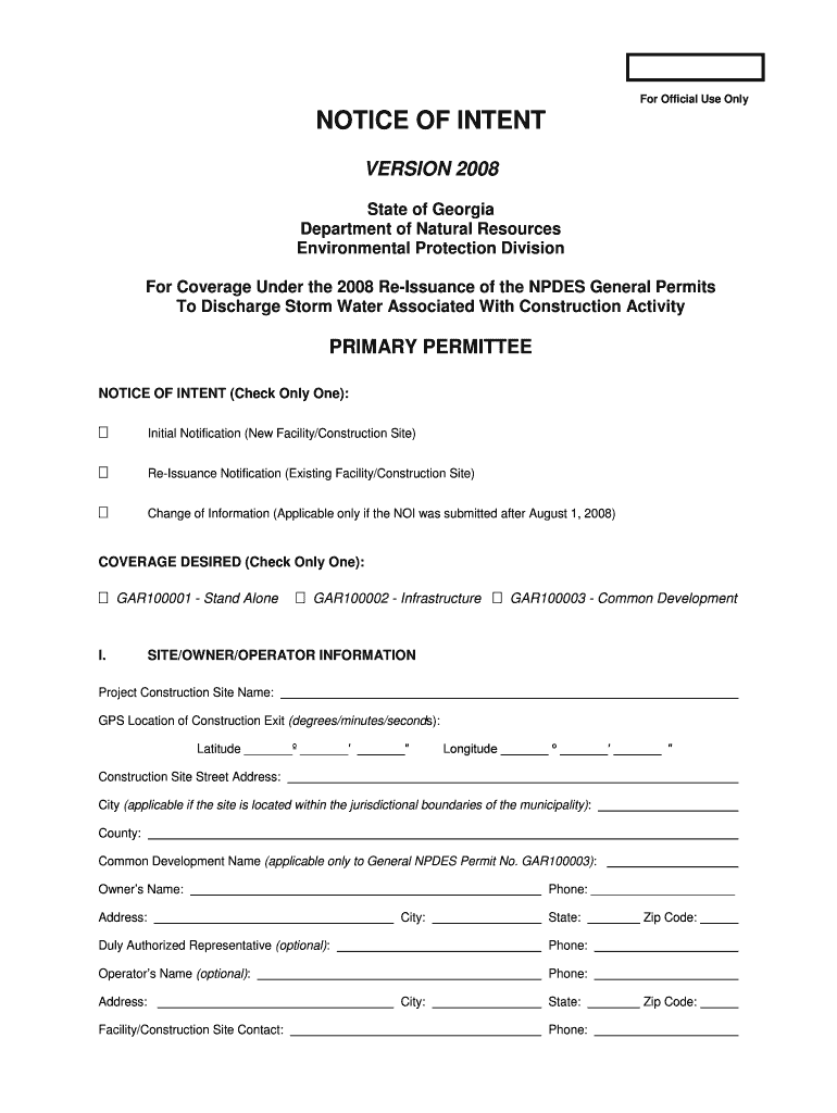 Fillable Online For Official Use Only NOTICE OF INTENT - Carroll County ...