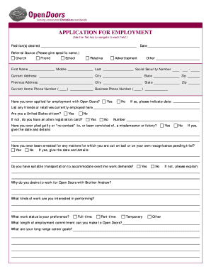 Fillable Online opendoorsusa APPLICATION FOR EMPLOYMENT - Open Doors ...