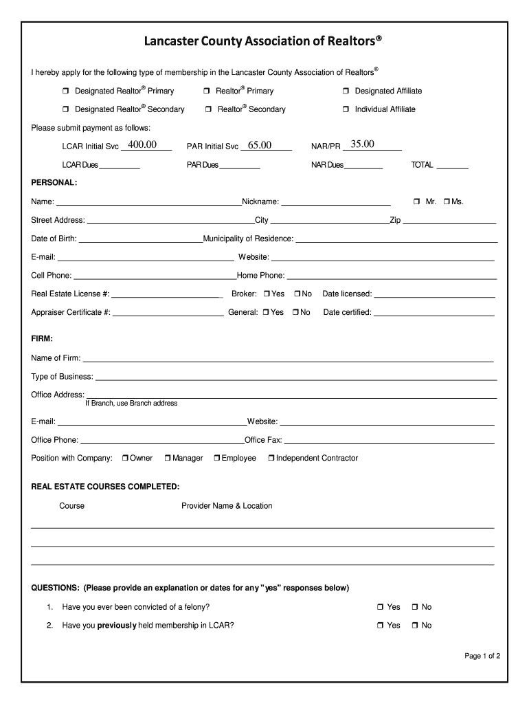 Fillable Online Realtor Member Application - Lancaster County ...