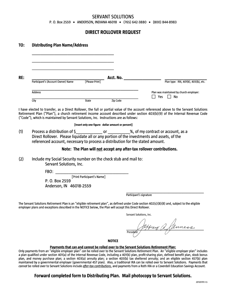 Fillable Online Rollover Form - Servant Solutions Fax Email Print ...