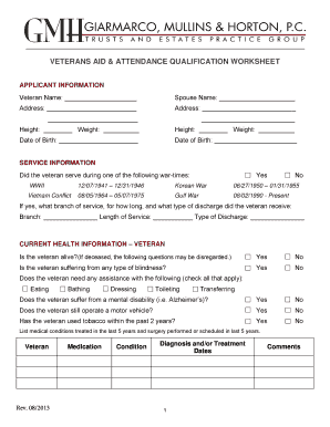 Fillable Online Veterans aid & attendance qualification worksheet ...
