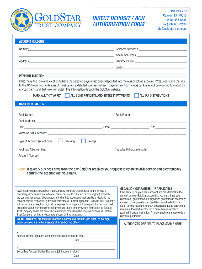 Fillable Online Direct Deposit / ACH Authorization Form - GoldStarTrust ...