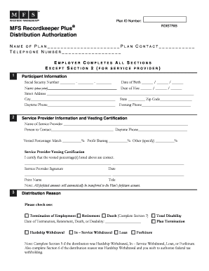 Fillable Online MFS Recordkeeper Plus Distribution Authorization ...