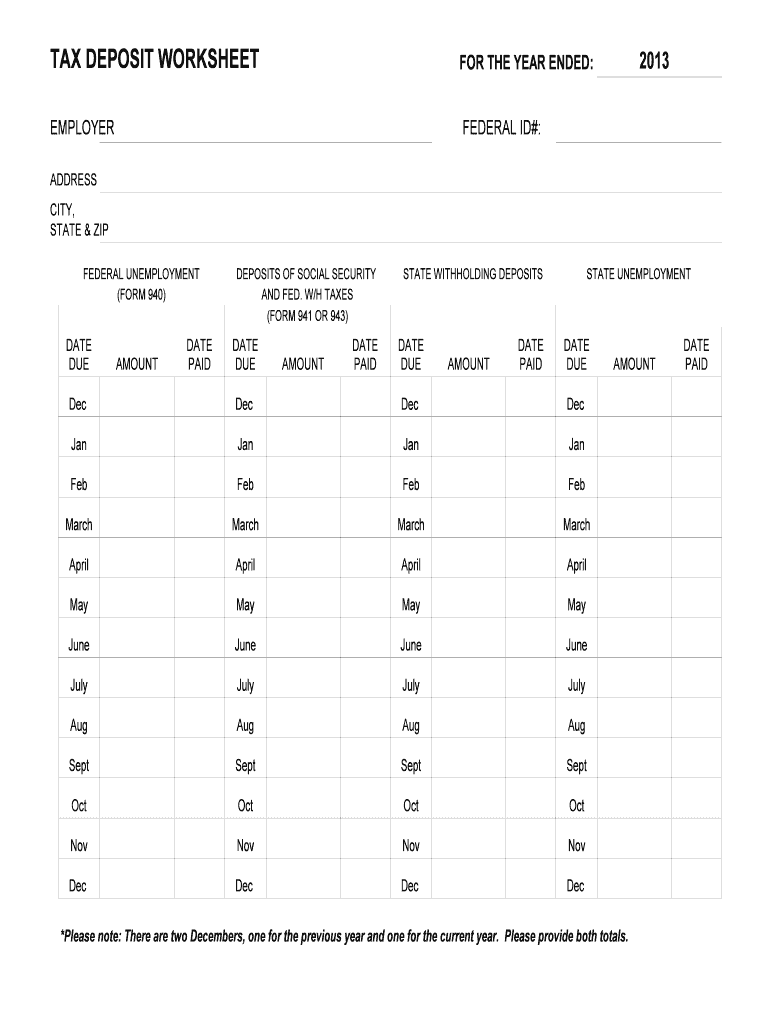 Fillable Online 2013 Tax Deposit Worksheet - Stetzer Accounting Service ...
