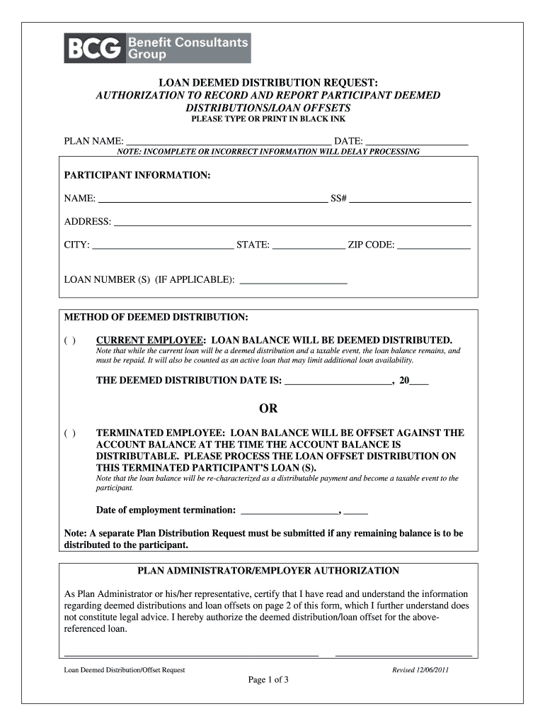 Fillable Online LOAN DEEMED DISTRIBUTION REQUEST: AUTHORIZATION TO ...