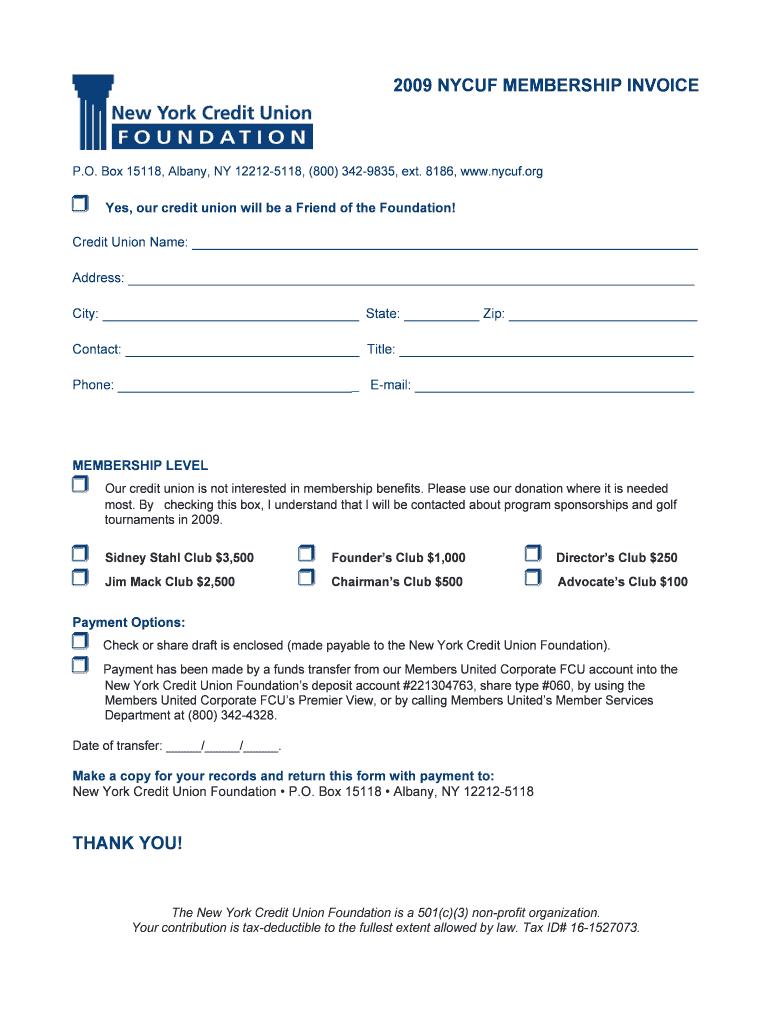 Fillable Online 2009 nycuf membership invoice thank you! - New York Credit Union ... Fax Email ...