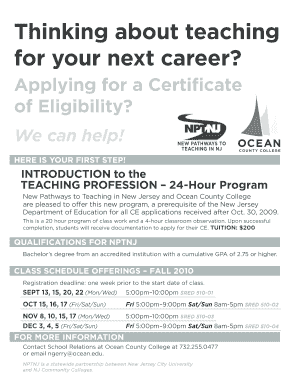Fillable Online ocean Thinking about teaching for your next career? - Ocean County College ...