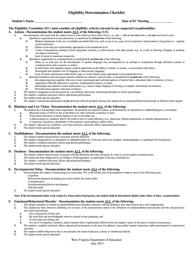 Fillable Online wvde state wv Eligibility Determination Checklist ...
