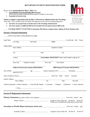 Fillable Online RETURNING STUDENT REGISTRATION FORM Please return ...