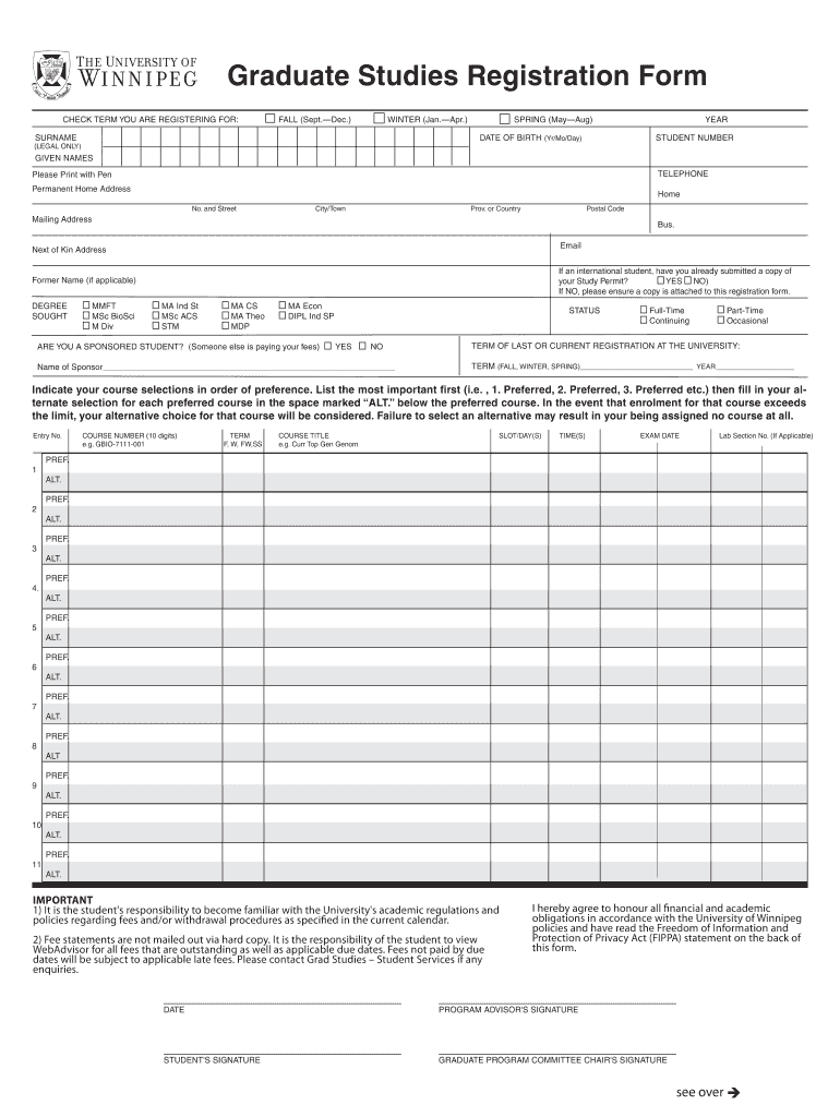 Fillable Online uwinnipeg Graduate Studies Registration Form ...