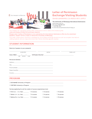 Fillable Online uwinnipeg Letter of Permission Exchange/Visiting Students - The University of ...